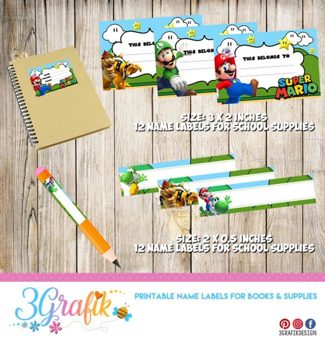 Super Mario Bros – Name Labels for Books & Supplies – Printable - 3Grafik