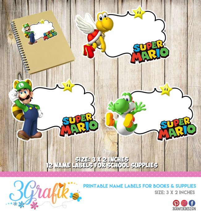 Super Mario Bros – Name Labels for Books & Supplies – Printable - 3Grafik