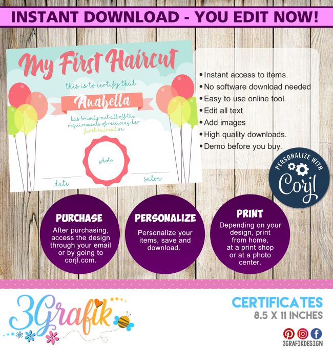 My First Haircut Certificate for Girls: party supplies | 3grafik.com
