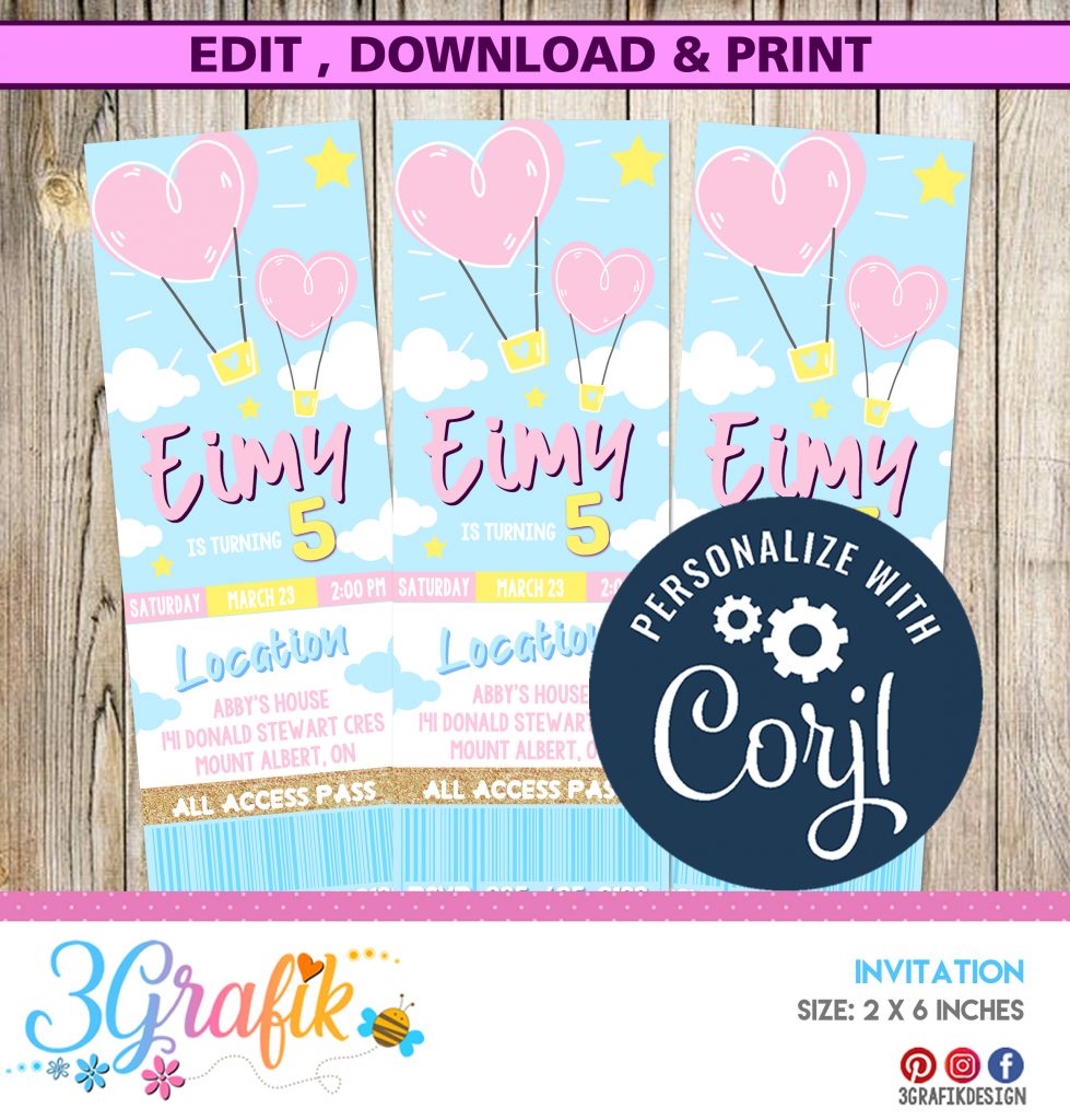 Hot air balloon Invitation: Editable Invitation Template | party supplies