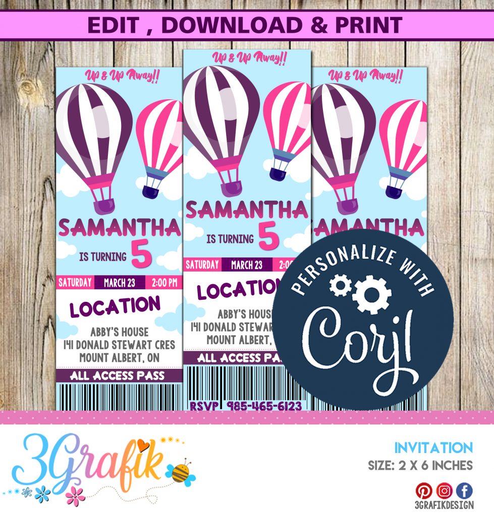 Hot air balloon Invitation: Editable Invitation Template | party supplies