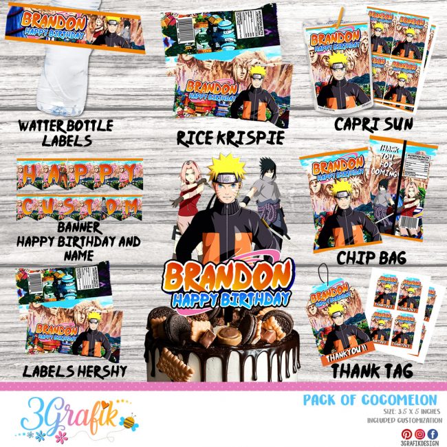Naruto Party Pack Printable |Naruto chip bag | Naruto Cake topper